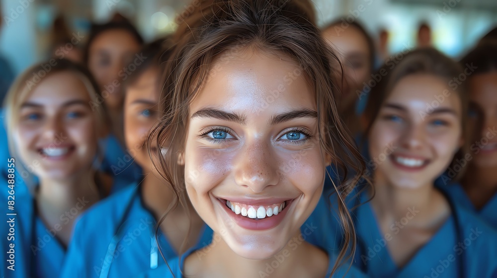Happy group of young medical students in blue uniforms smiling and ...