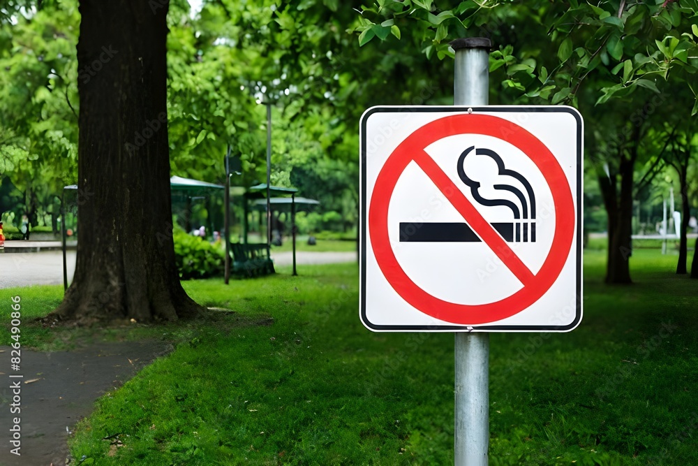 No Smoking Sign with steel pole is in a Public Park. No Smoking Sign ...