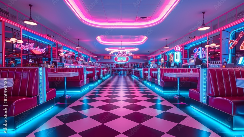 Vibrant retro diner interior featuring neon lights, checkered floor ...
