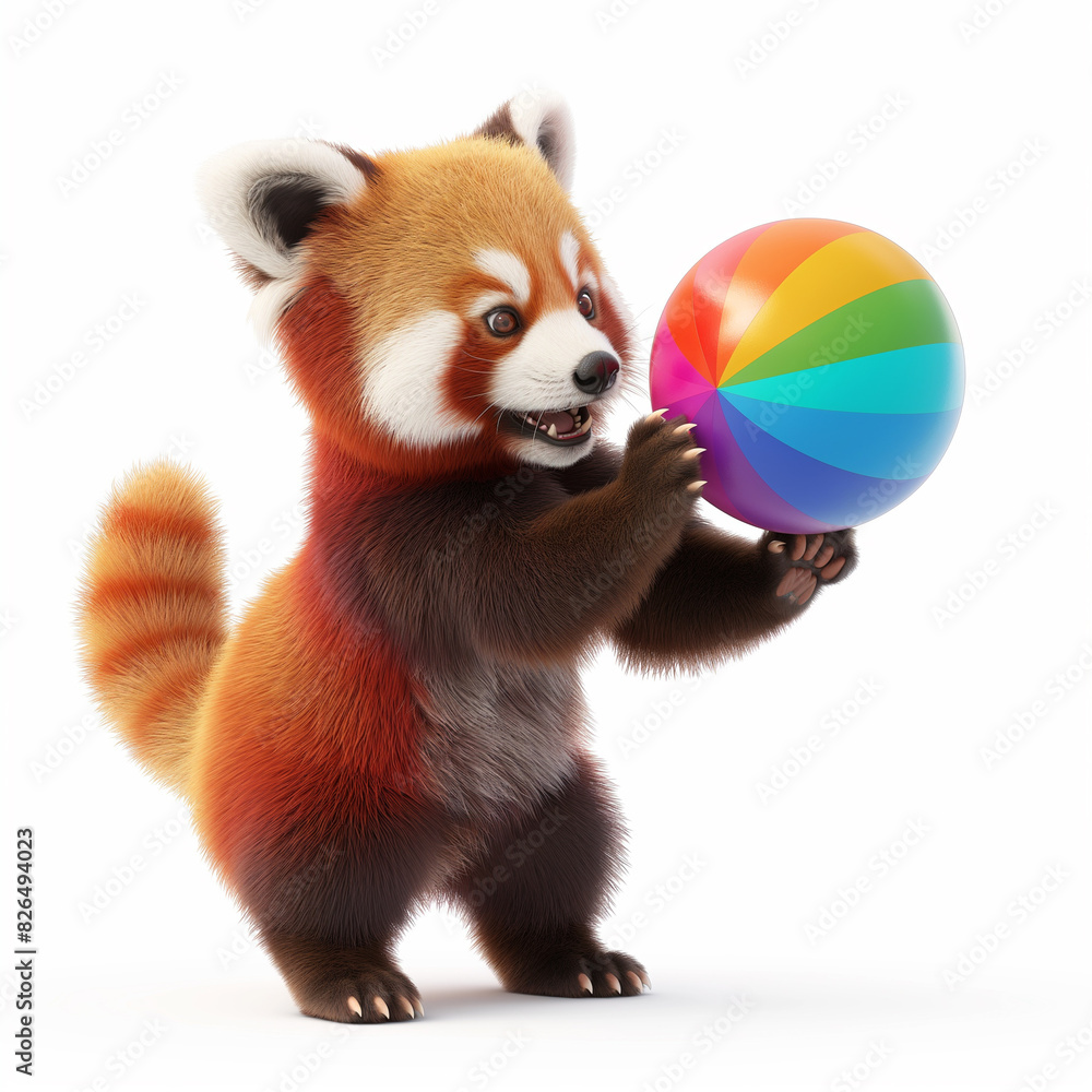 30 - Render a 3D red panda playing with a bright, rainbow-colored ball ...