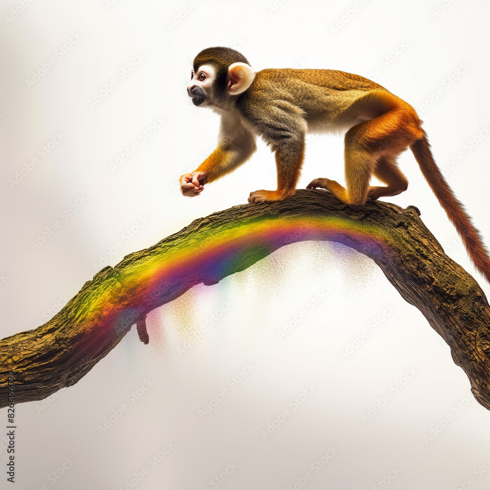 24 - Show a 3D squirrel monkey leaping between branches with a rainbow ...