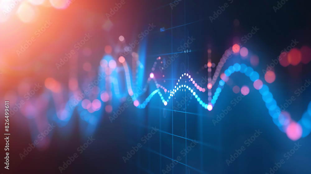 The image is a glowing blue and pink line graph on a black background ...