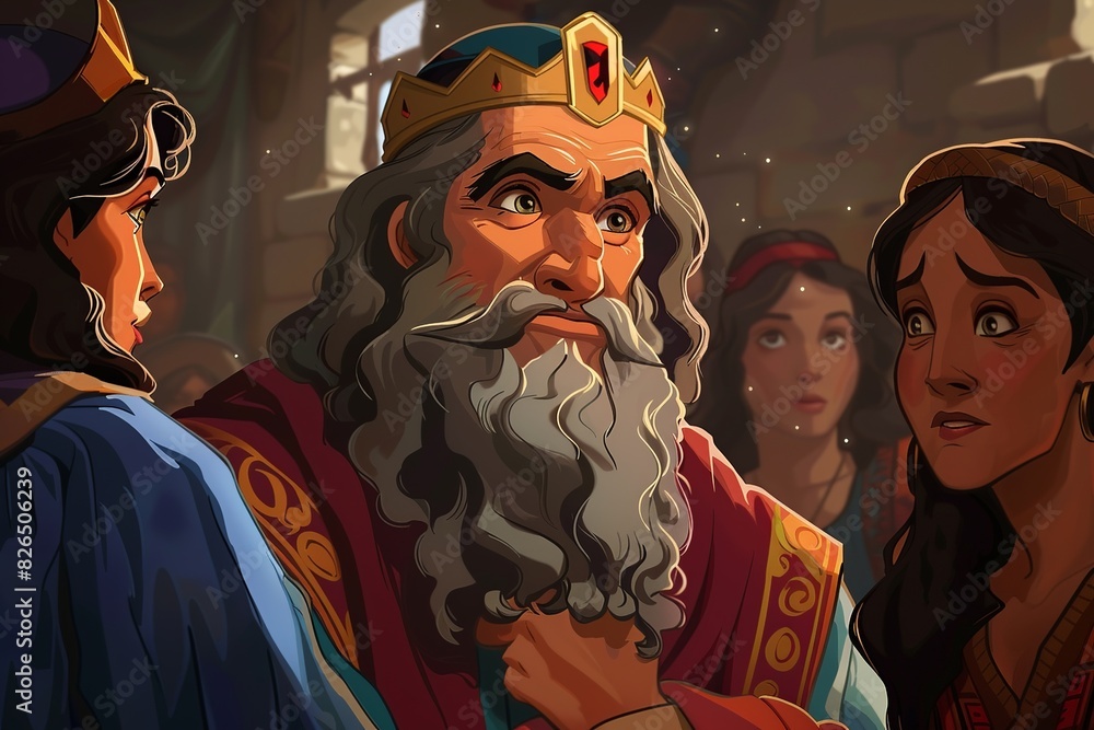 Delve into the vibrant cartoon scene depicting King Solomon's quest for ...
