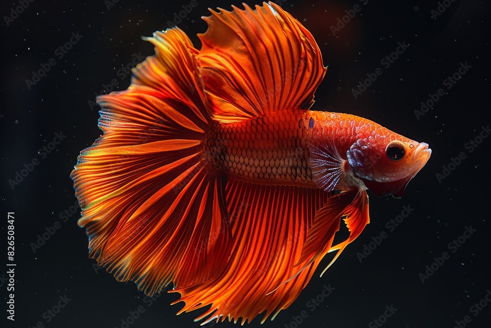 Vibrant orange Betta fish with flowing fins against a dark background ...