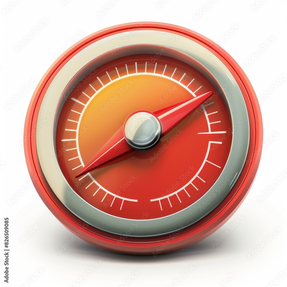 cartoon rendered style speedometer icon in red. The arrow is pointing ...