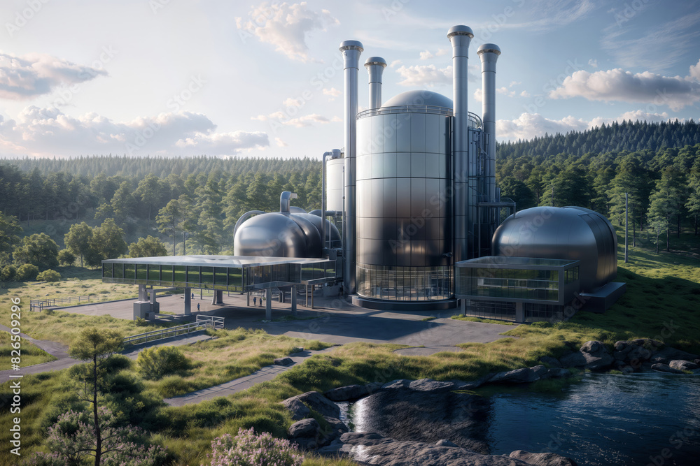 Industrial power plant with tall chimneys, metal pipes and spherical ...