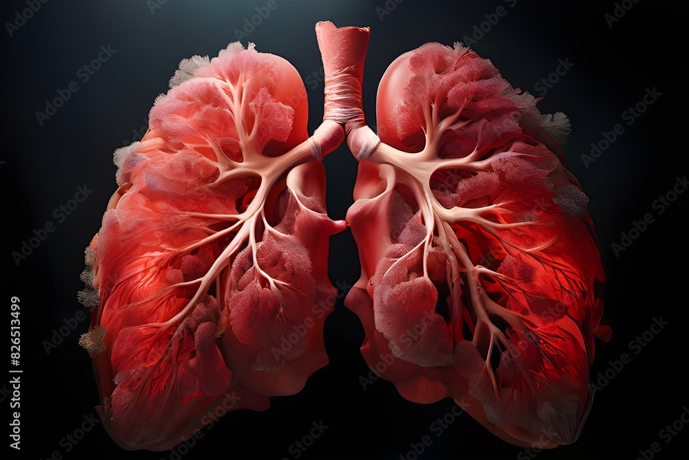 Anatomically accurate human lungs, exhibiting signs of inflammation ...