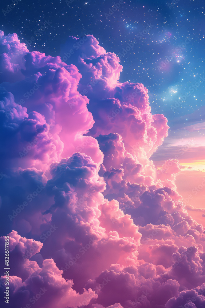 Scene of fluffy clouds transformed into nebulae, with stardust creating ...