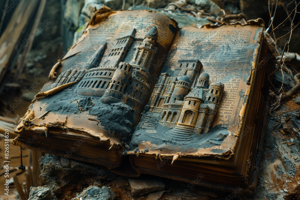 Artistic rendering of a worn, ancient book with drawings of sandcastles ...