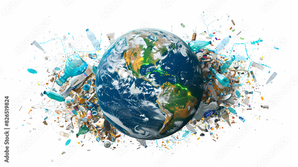 Artistic illustration of planet earth covered with plastic and waste ...