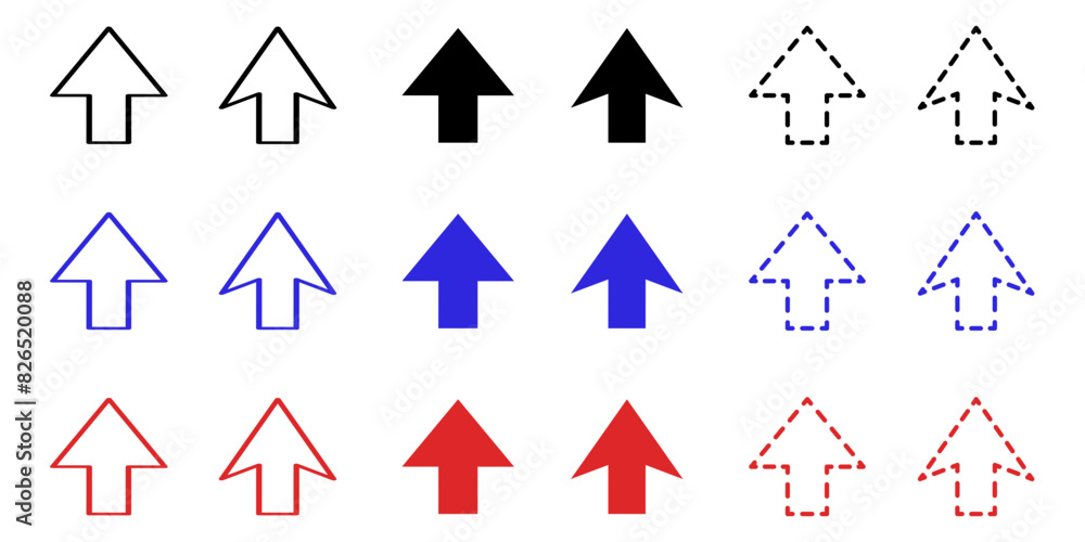 Set of short up arrow signs in various colors and styles isolated on a ...