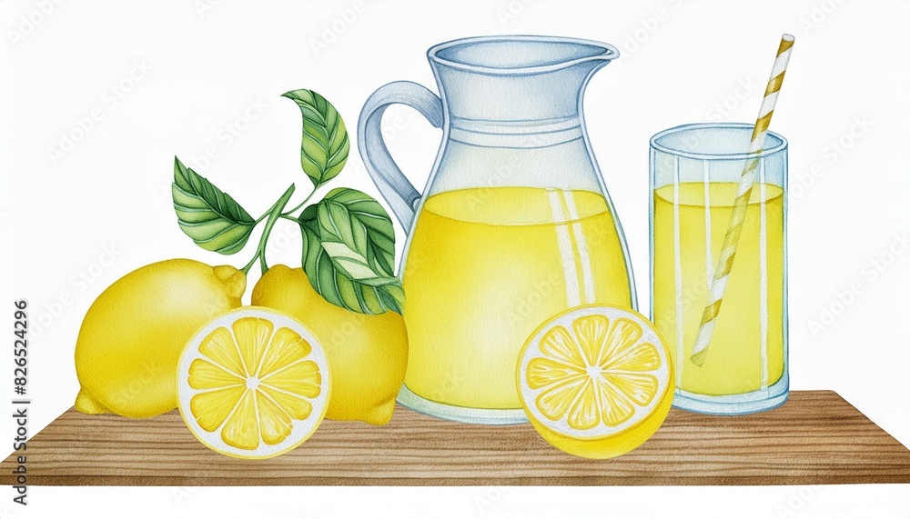 Watercolor hand drawn lemonade drink in decanter and glass ...