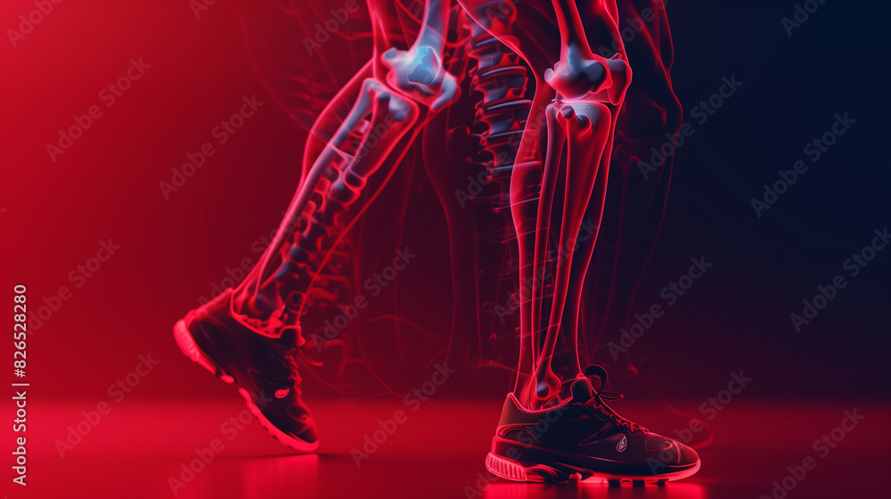 Anatomy of a man's leg muscles and skeleton for exercise, with a red ...