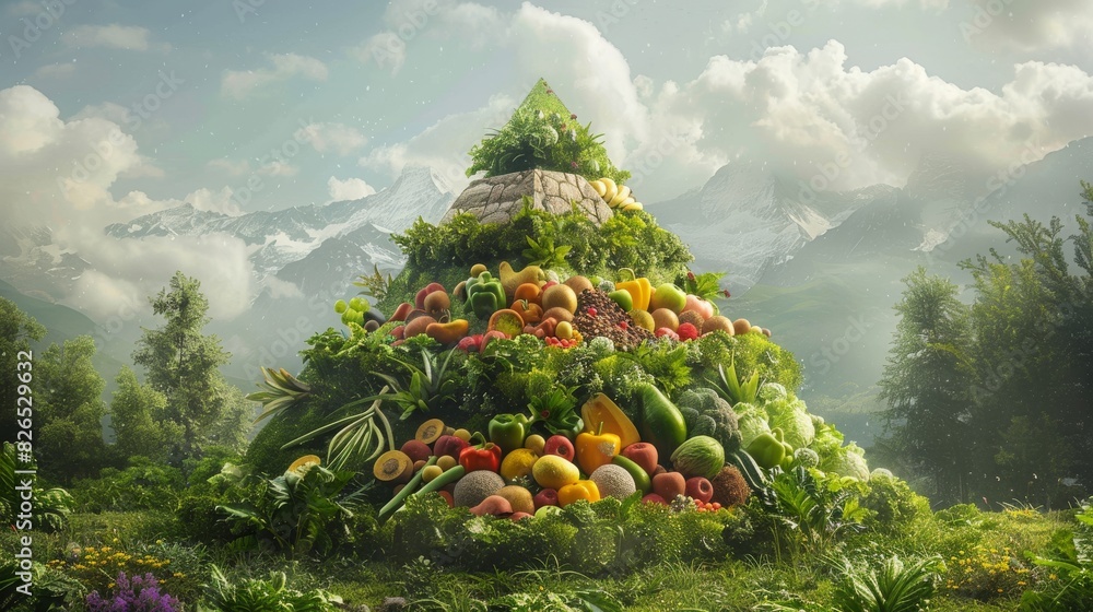 Illustrate a dynamic food pyramid standing tall amidst a lush green ...