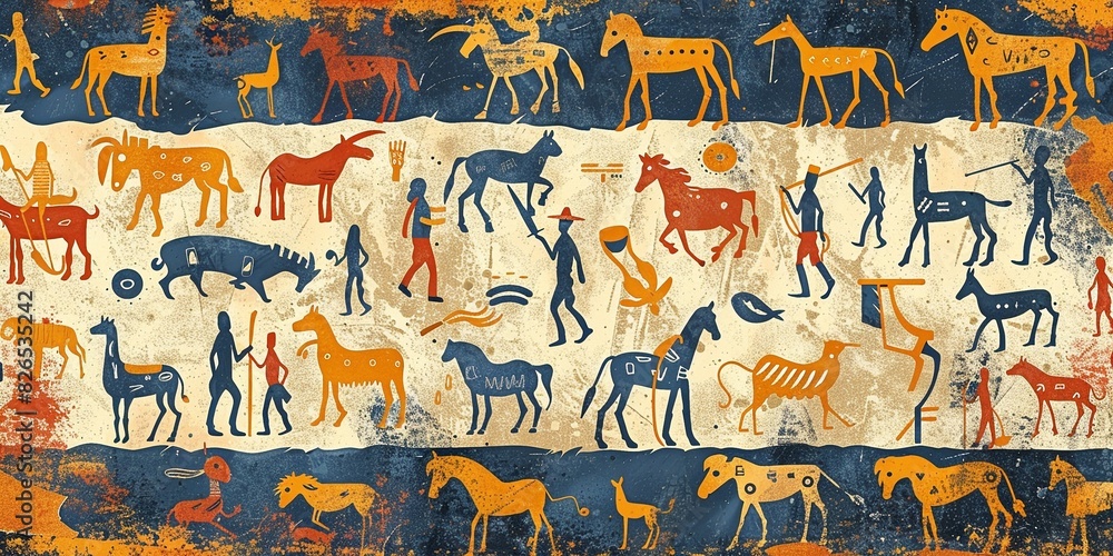 Cave art seamless pattern made of ancient wild animals, horses and ...