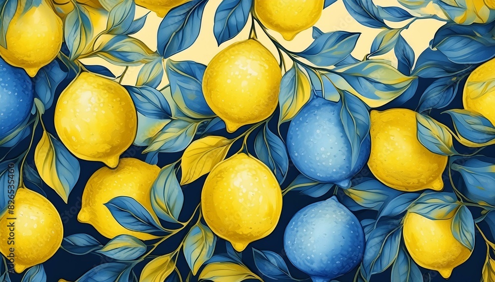 Digital yellow and blue lemon pattern illustration poster web page PPT ...