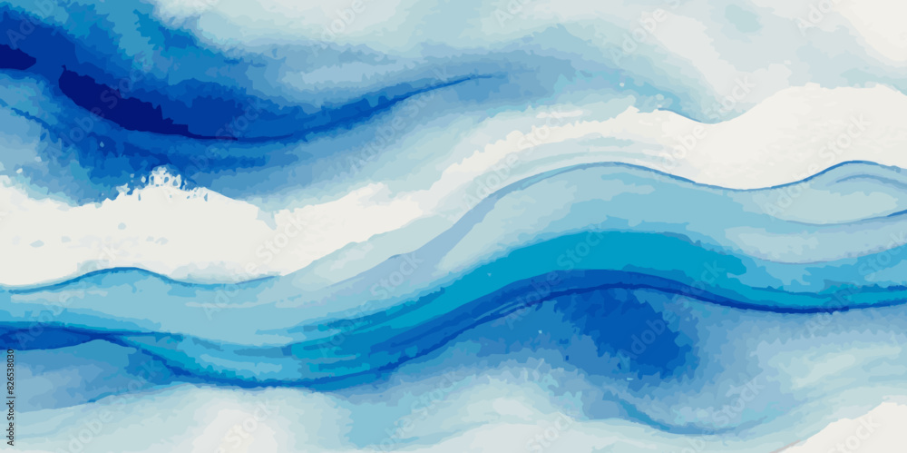 Vector watercolor ocean wave line blue and white background. Ocean sea ...