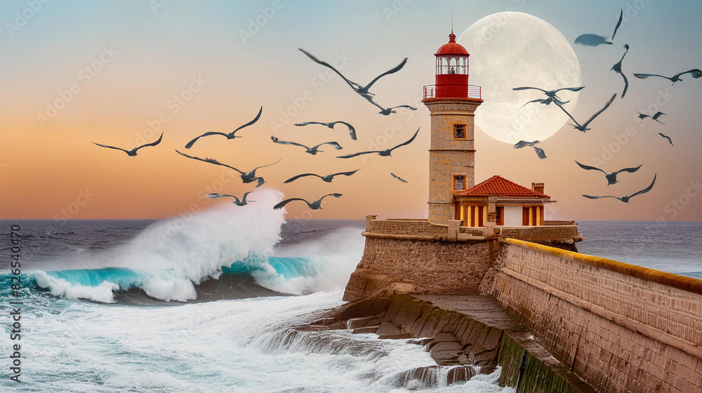 lighthouse on the shore of the sea, An old lighthouse at night in ...