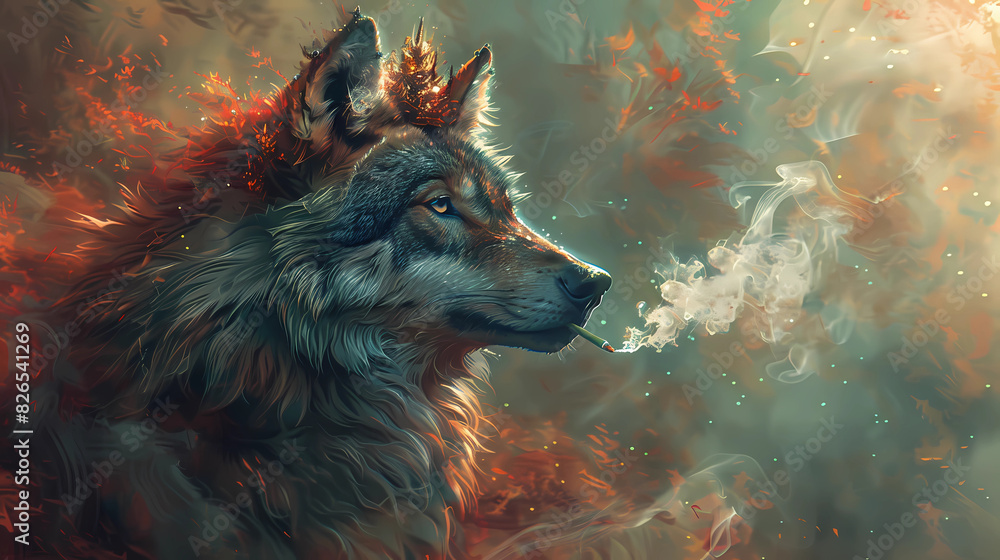 Wolf often referred to as the "king of the forest" or "apex predator," smoking a cannabis joint ...