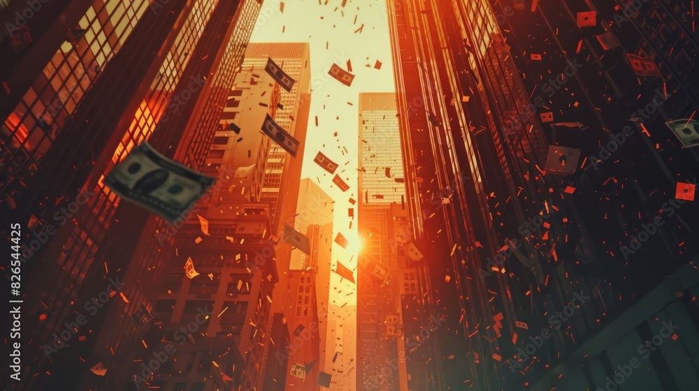 Modern city buildings crumbling with broken dollar signs close up ...