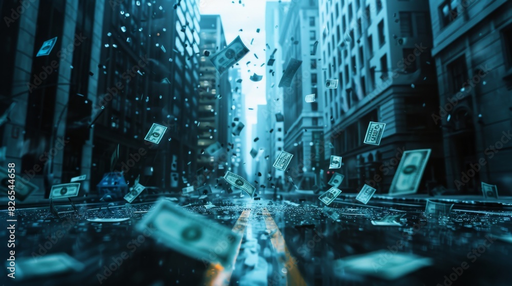 Modern city buildings crumbling with broken dollar signs close up ...