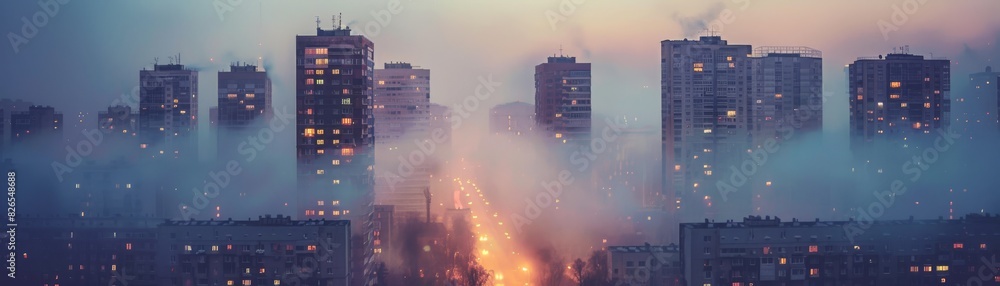 Tall buildings toppling with dim lights close up, focus on, copy space ...