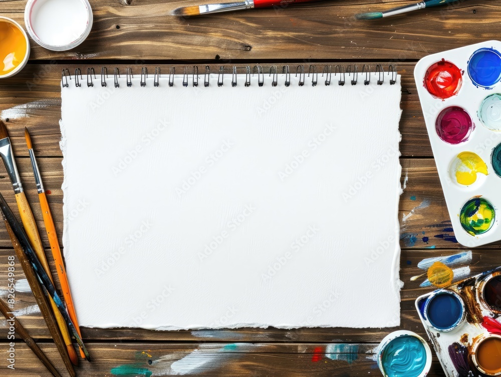 Top view of an artist's table with watercolor paints, brushes, and a ...