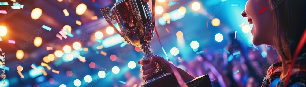 Excited woman holding a trophy on stage with colorful lighting and ...