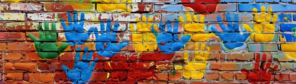 Vibrant handprint graffiti art on a brick wall featuring colorful palms ...