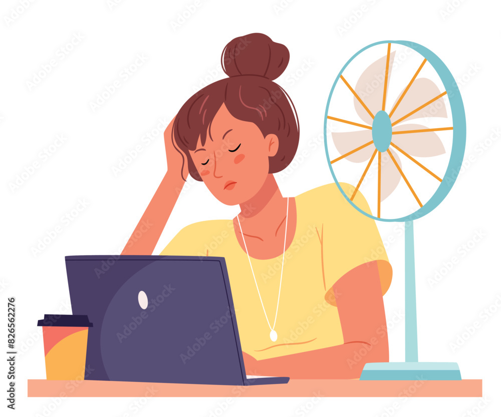 Woman works at laptop, sweating from heat, hot weather, high ...