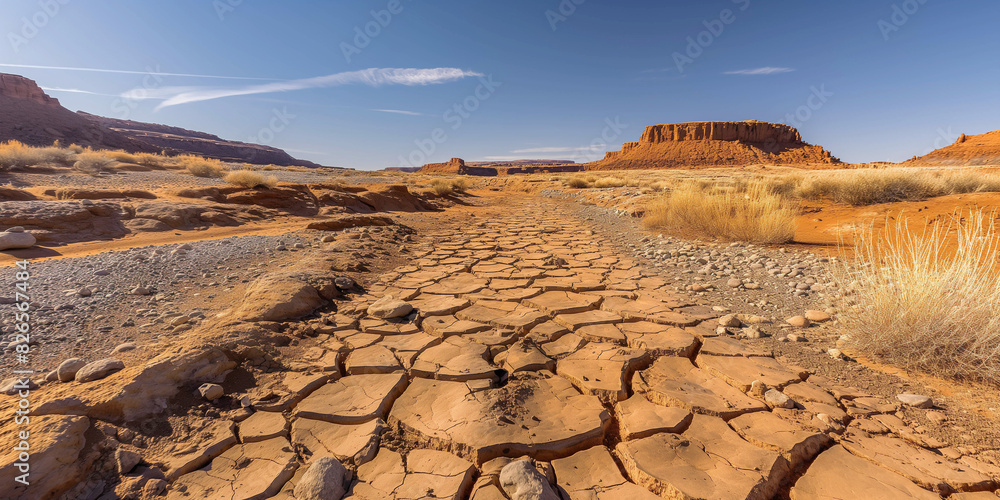 Abnormal heat, drought. A photograph of a riverbed with dry soil ...
