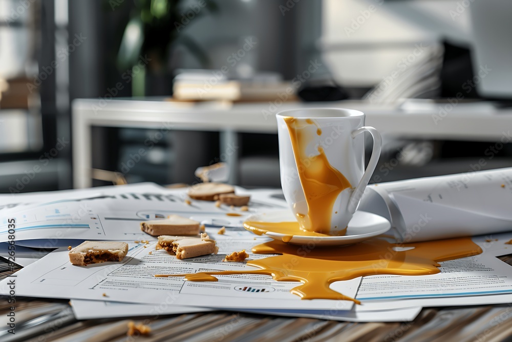 a chaotic scene, a coffee cup has tipped over, with the coffee spilling ...