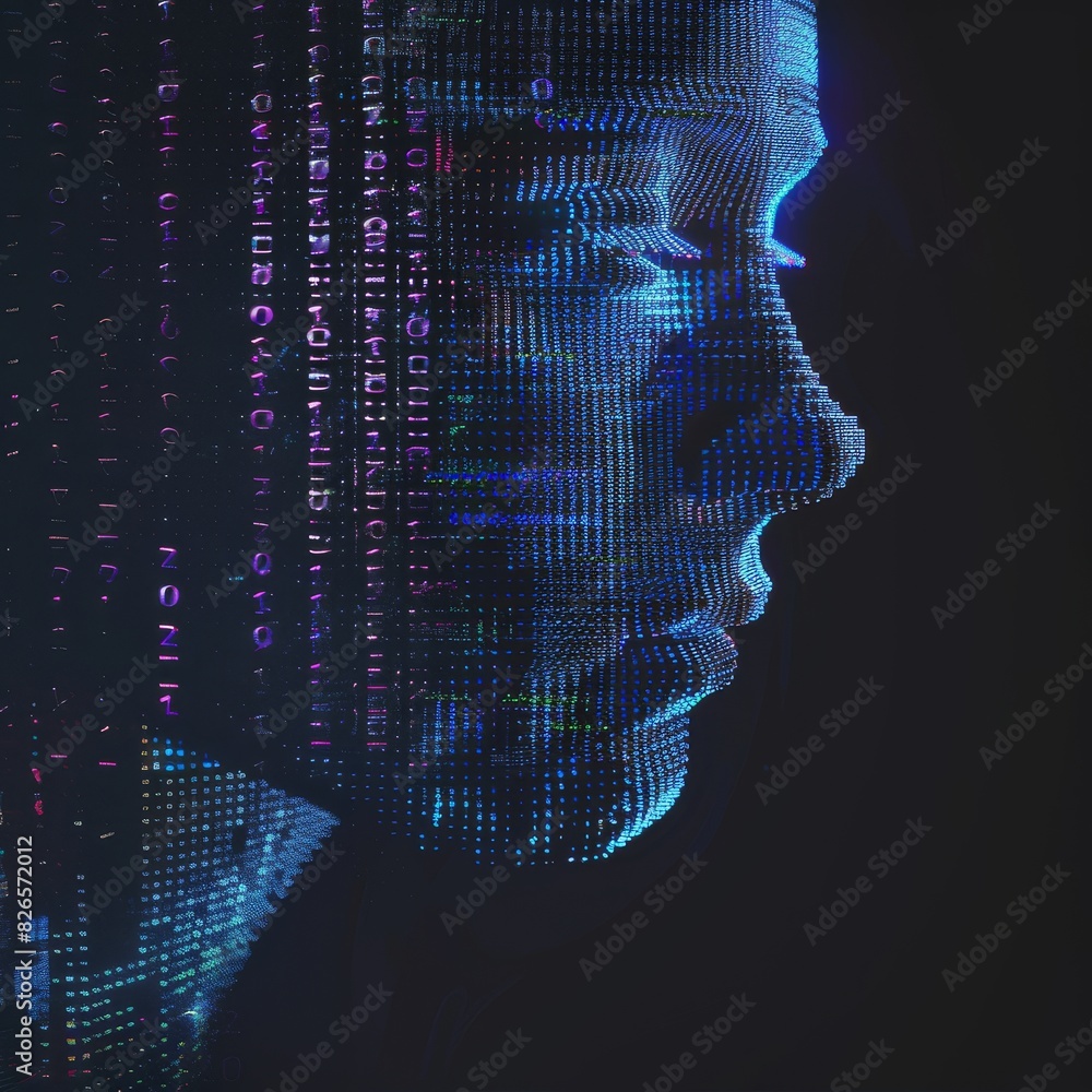 Craft a visually stunning digital artwork showcasing a pixelated avatar figure made of binary ...