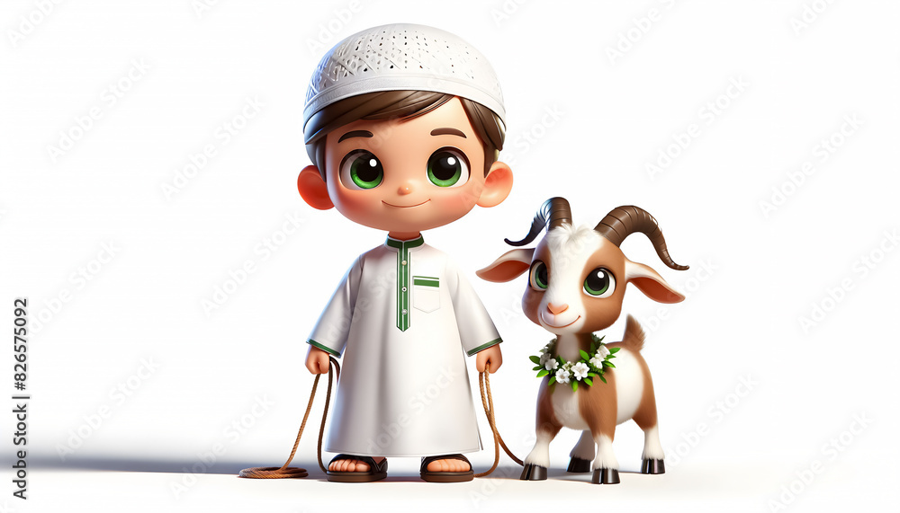 3D Cartoon: Adorable Muslim Boy in White Thobe Celebrating Eid al-Adha ...