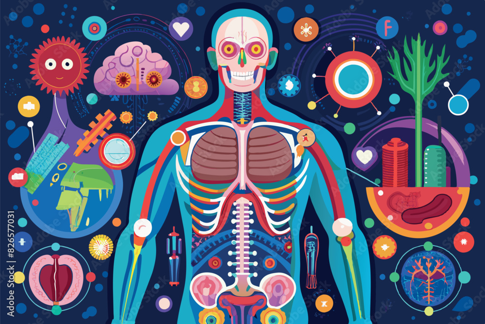 Colorful artistic depiction of a human skeleton with various scientific ...