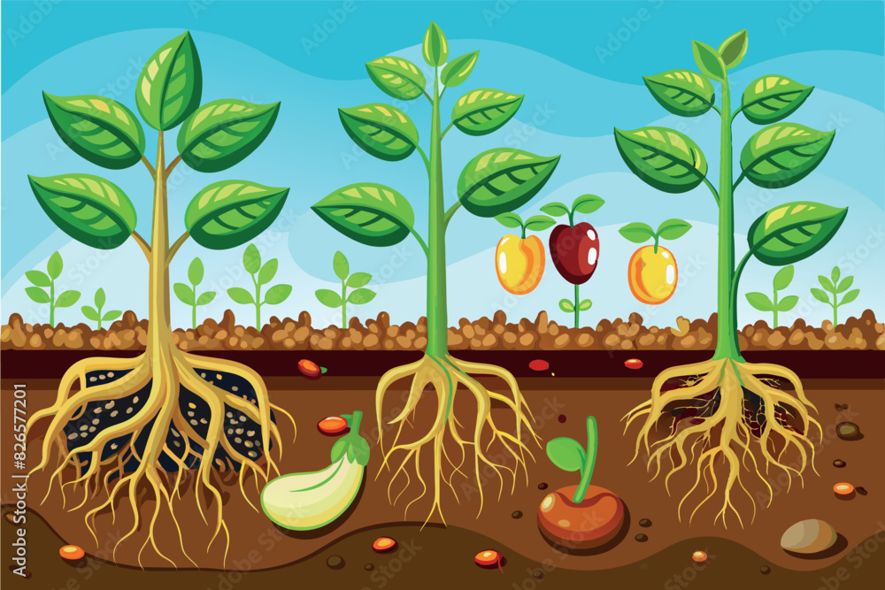 Three stages of plant growth, showing the development from seed to ...
