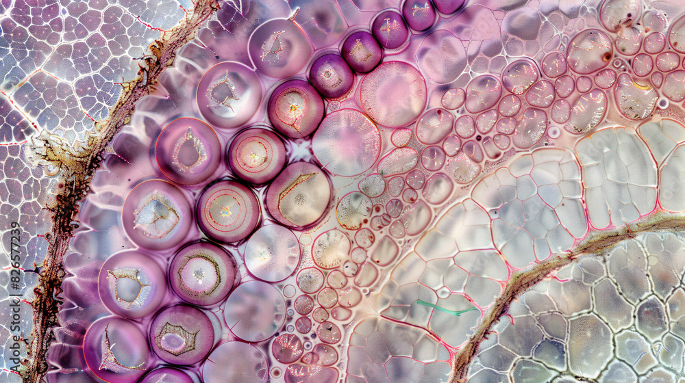 Cross-section of a plant stem under magnification, displaying vascular ...