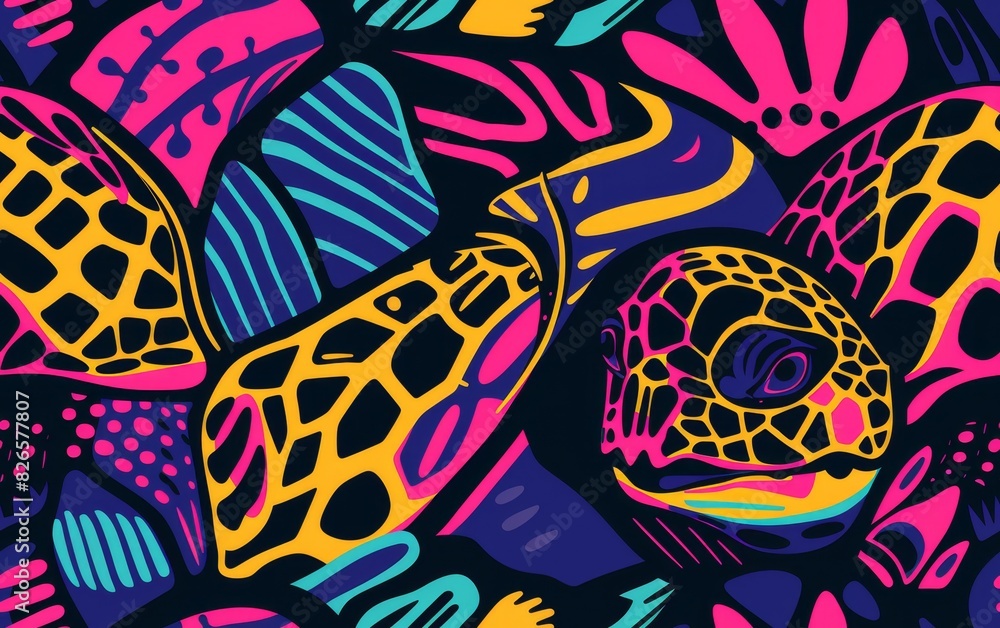 Colorful composition of sea turtles in an abstract, neon style with ...
