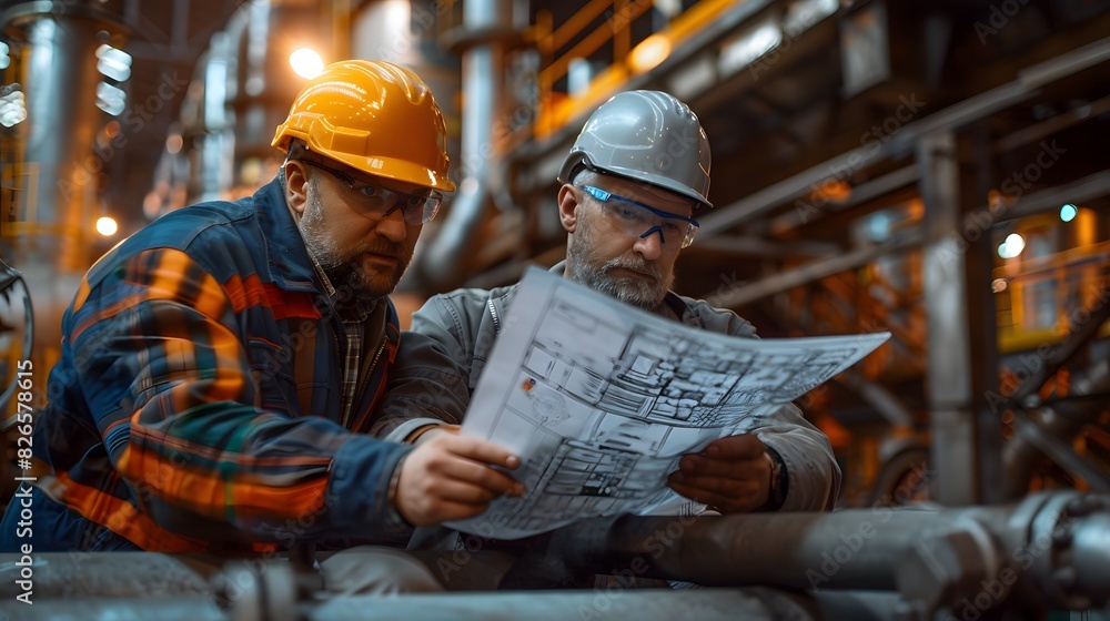 Engineers discussing blueprints and plans at an oil refinery ...