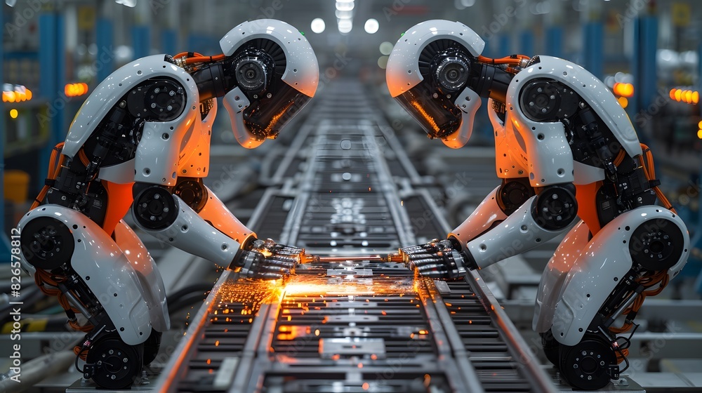 Automated robots welding car frames in an automotive manufacturing ...