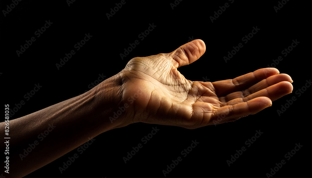 hand reaching upwards on dark background, palm open, evoking curiosity ...