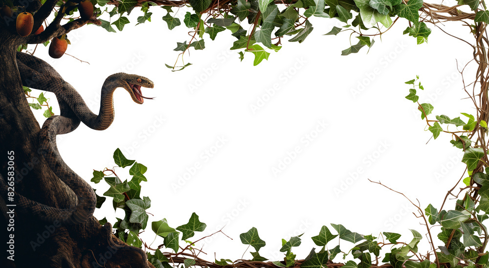Serpent snake in the paradisal Garden of Eden. Snake coiled around the ...