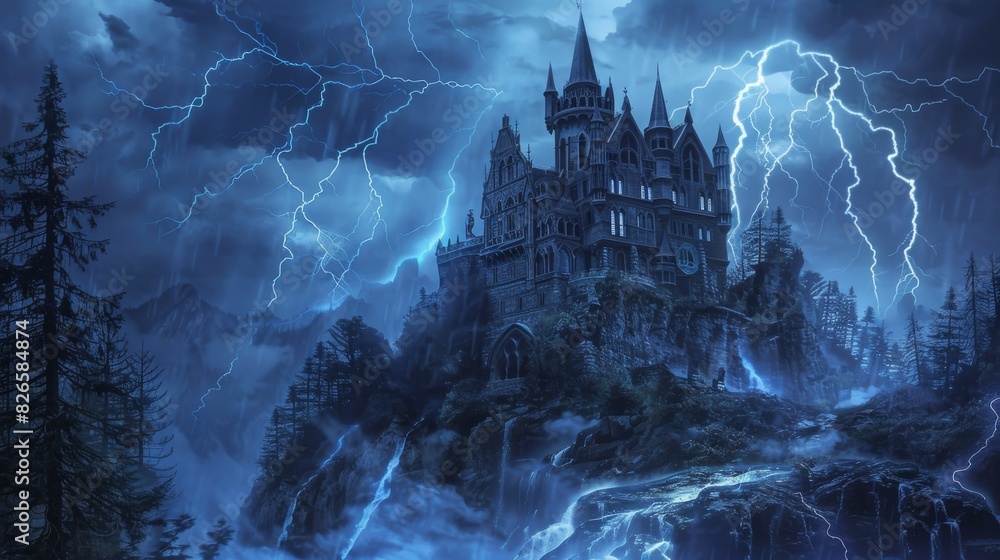 Gothic castle on a cliff with lightning in the background, Horror ...