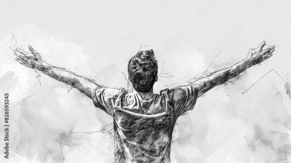 Black and white sketch portraying a man with arms extended, capturing ...