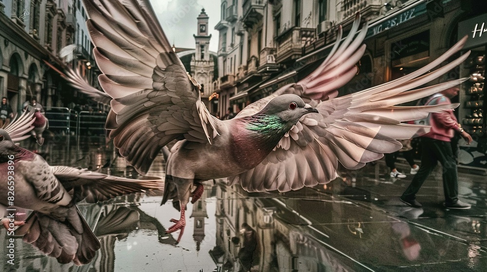 Birds soaring overhead on a wet road beside towering structure Stock ...