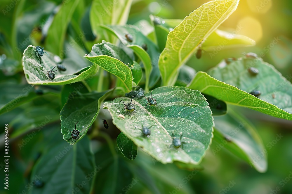 Ants and Aphids. Insect pests. Little black aphid Colony on a green ...