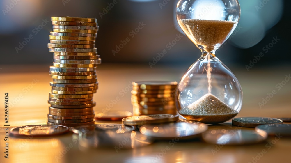 Time and money concept showcased with an hourglass and stacks of coins ...