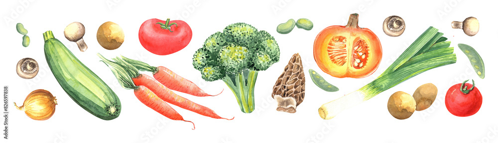 Watercolor vegetarian clipart, logo, tomatoes, carrots, onion, broccoli ...