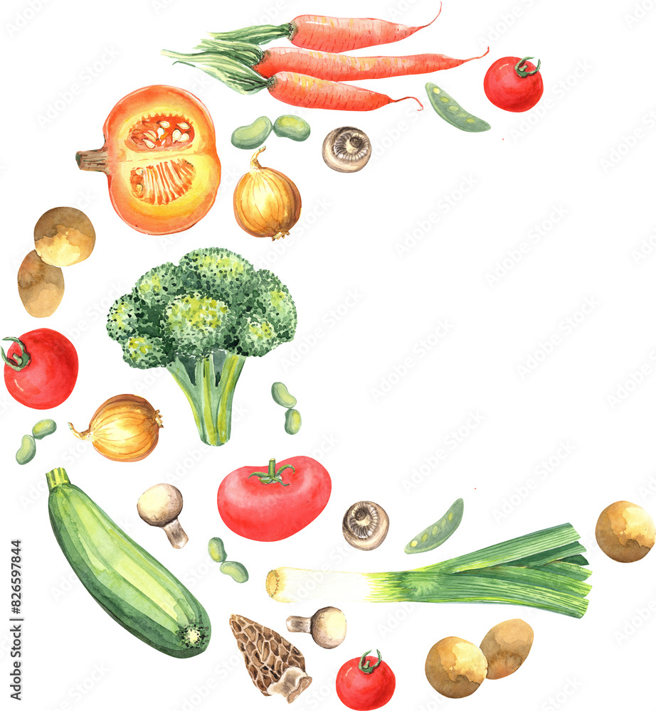 Watercolor vegetarian clipart, logo, tomatoes, carrots, onion, broccoli ...