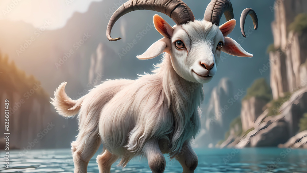 cartoon, a goat, diving, ultra hd, realistic, vivid colors, highly ...